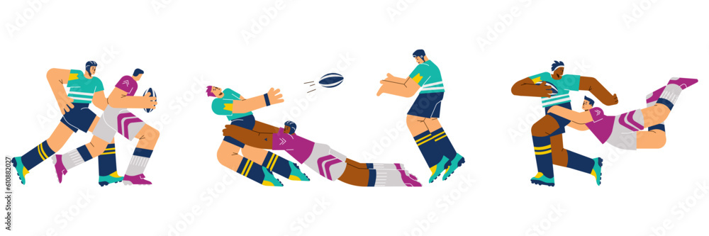 Rugby game male players characters in uniform flat cartoon vector ...