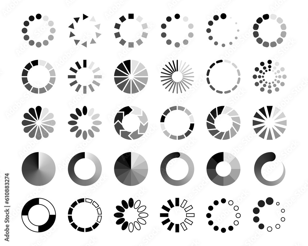 Loading icons. Load progress circle, loader ui indicator. Upload sign ...