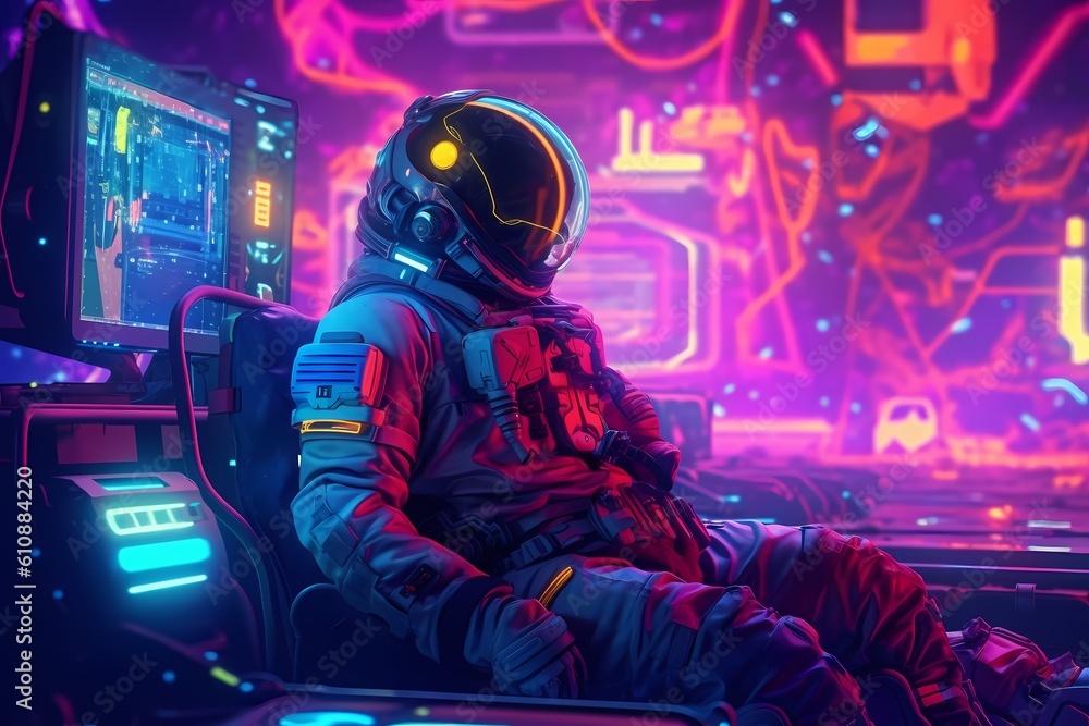 Retrowave Neon illustration of male wearing space suit figure accessing ...