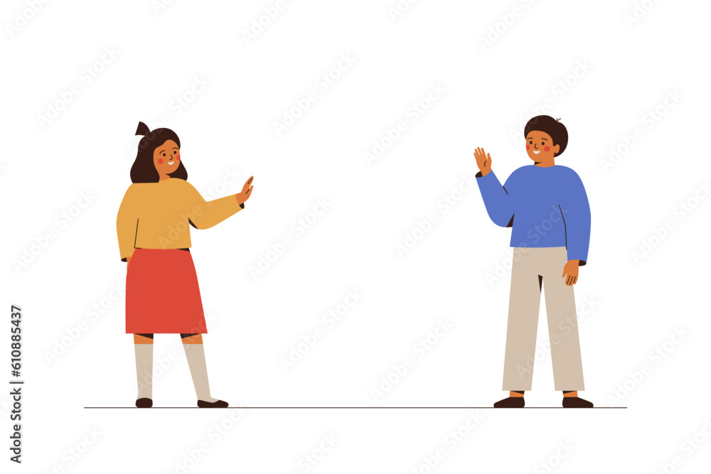 Teen girl and boy waving hand to each other. Friends Or siblings say ...