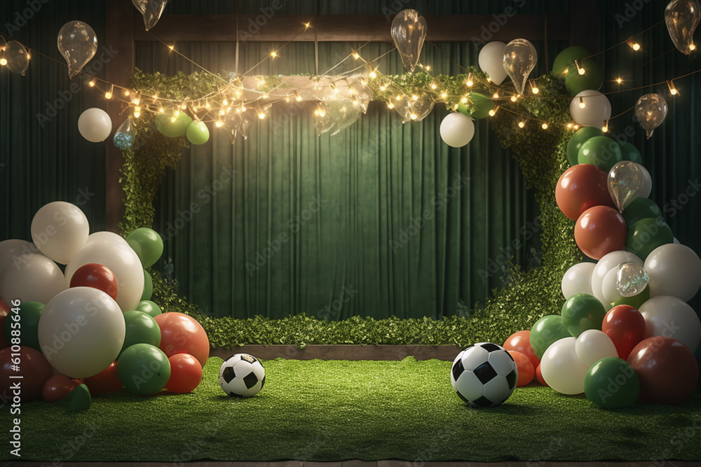 Football field with lighting, arena with balloons, football player's ...