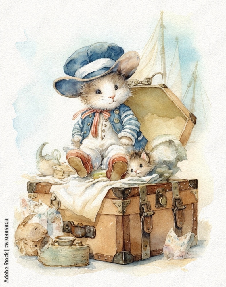 watercolor drawing of an animal captain of a pirate ship, the adventure ...