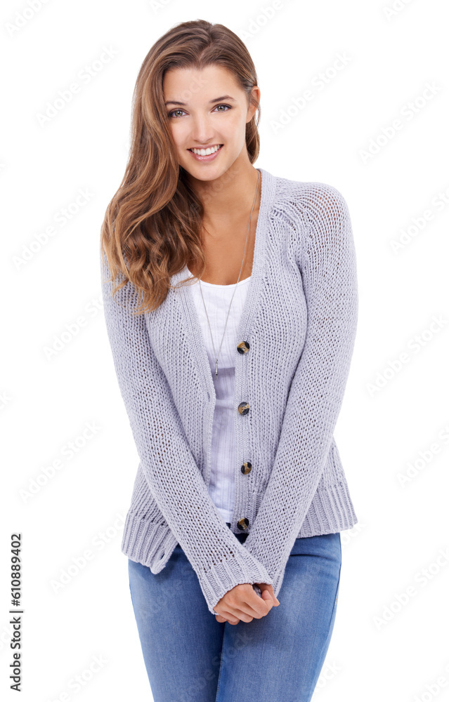 Happy, fashion and portrait of a woman model isolated on a transparent ...