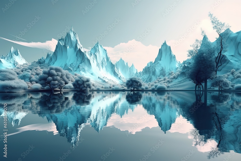3d render, fantasy landscape panorama with mountains reflecting in the ...