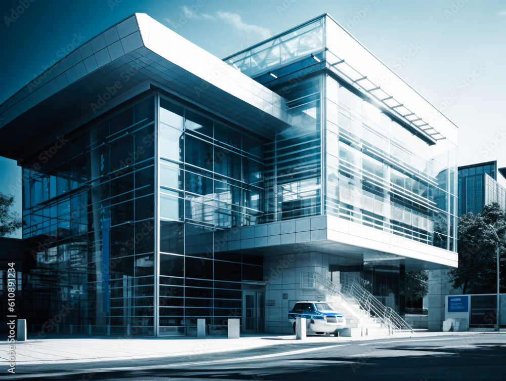 Building of police department, station with helipad on roof and ...