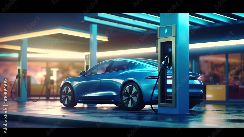 Abstract background with car refueling at gas station in neon lights at ...