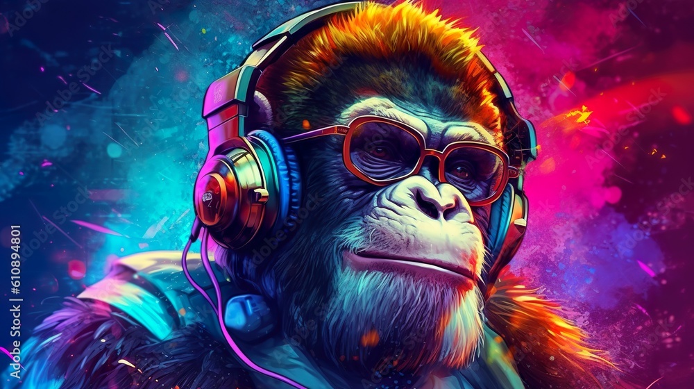 Abstract background with monkey in headphones and sunglasses at bright paints drops and splashes ...