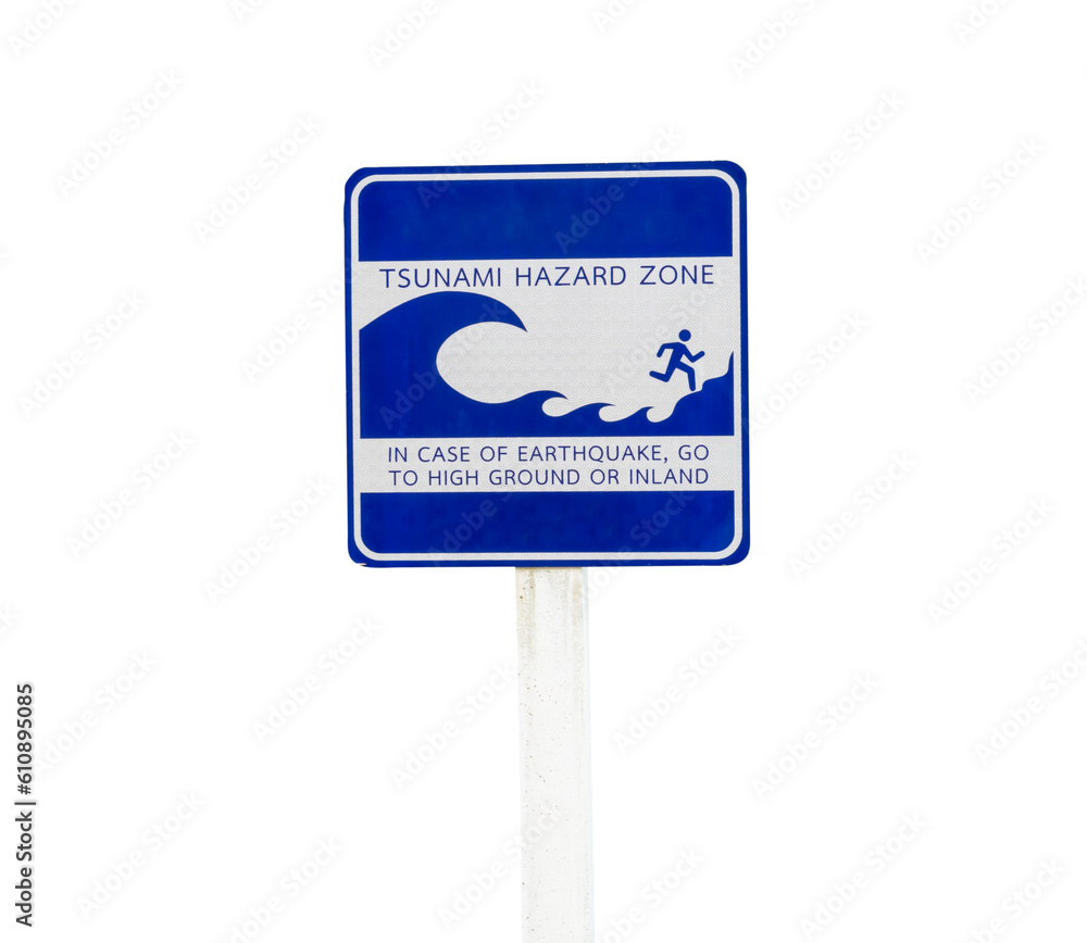 Tsunami warning sign isolated on white background with clipping path in ...