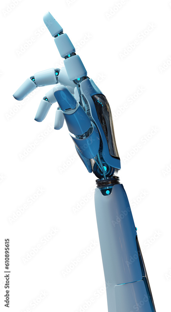 Isolated robot hand pointing finger. 3D rendering white and blue cyborg arm in dark lighting ...