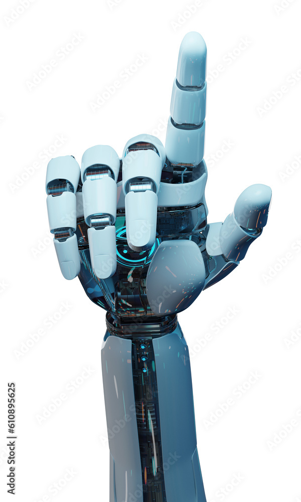 Isolated robot hand pointing finger. 3D rendering white and blue cyborg ...