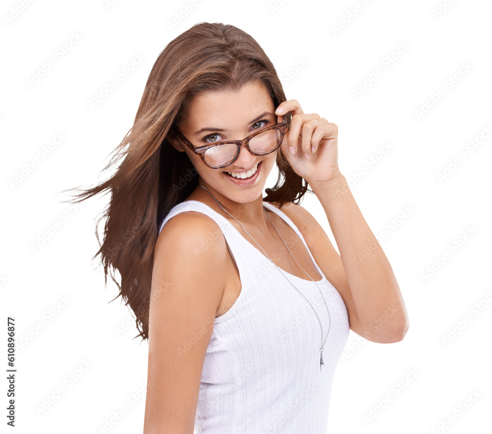 Glasses, face and a happy woman with a smile isolated on a transparent ...