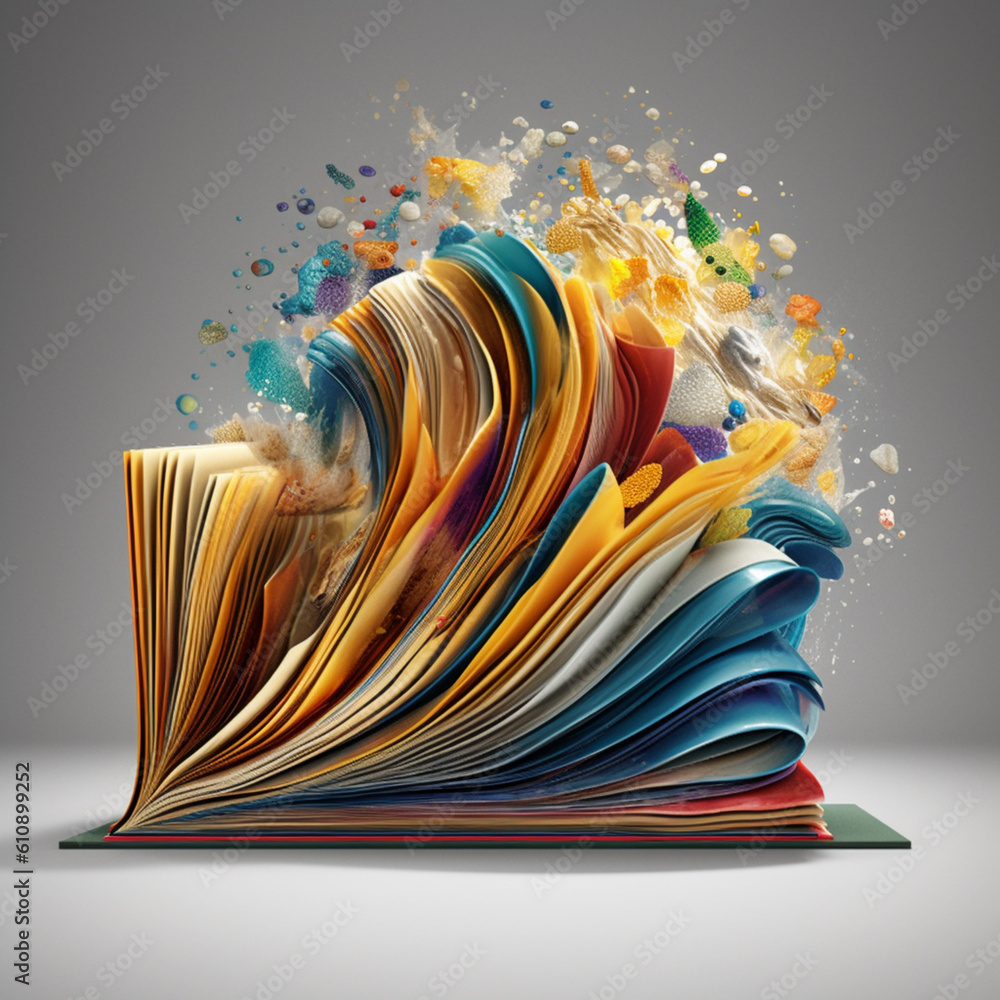 An artistic representation of an abstract book with pages unfurling ...