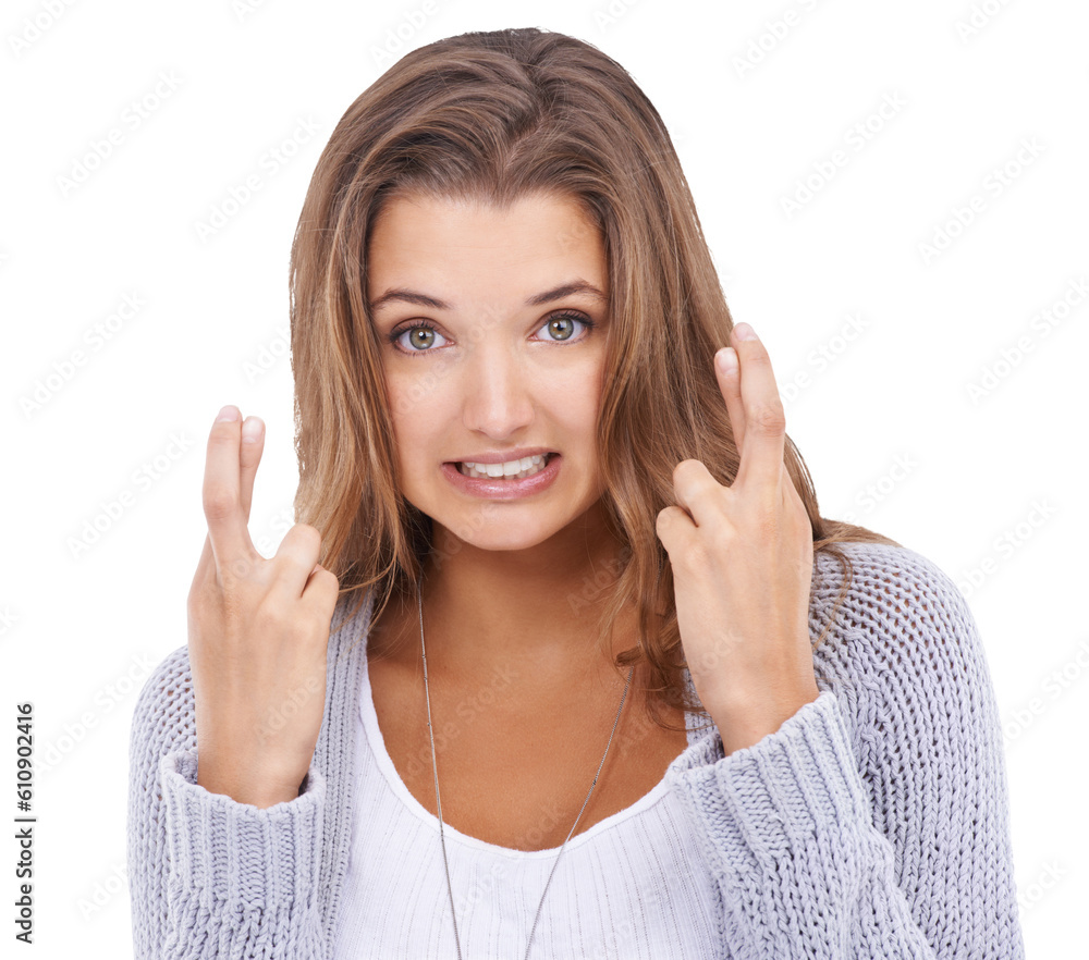 Isolated woman, portrait and fingers crossed for hope, good luck and ...