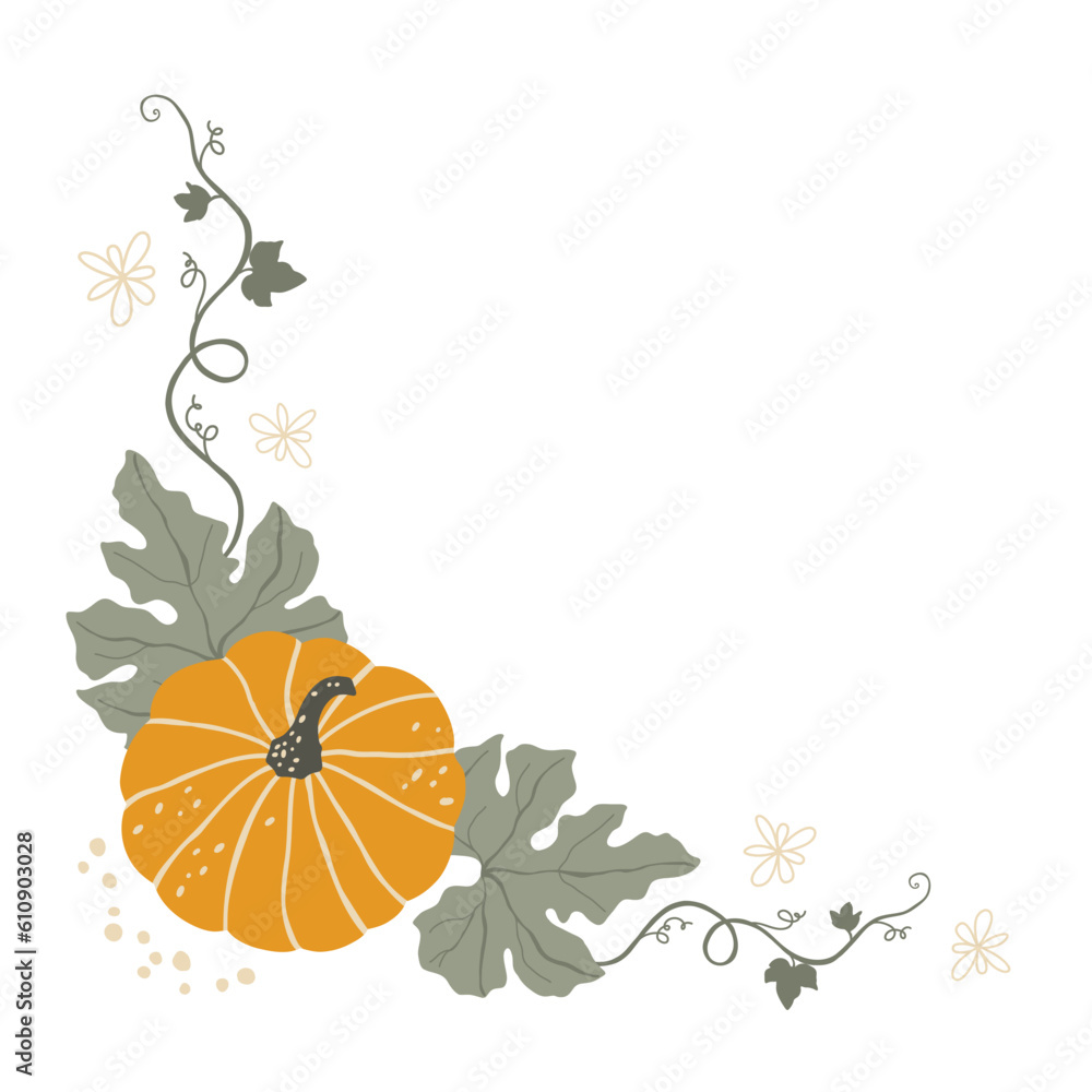 Autumn pumpkin and leaves corner. Fall season frame. Hand drawing flat ...