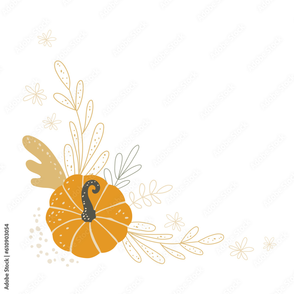 Autumn pumpkin and leaves corner. Fall season frame. Hand drawing flat ...