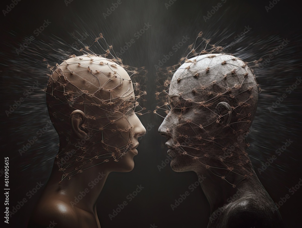 Generative AI illustration of two people with wires on head talking to ...