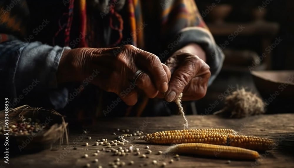 Still life of hands of american indian indigenous working with corn ...