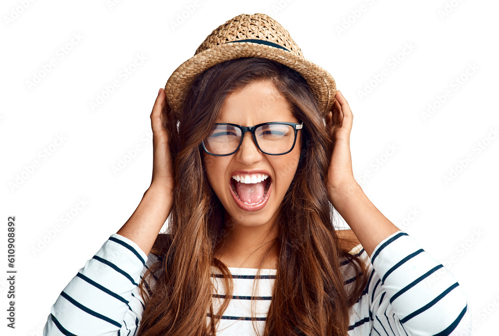 Excited woman, screaming in hat and glasses, excited and shocked ...