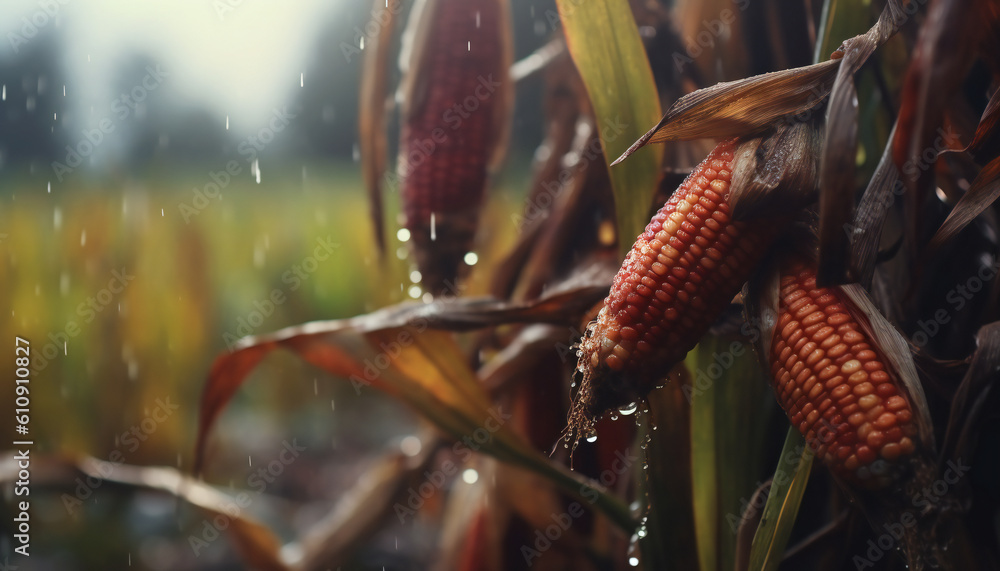 Recreation artistic of cobs corn in a maizefield with red corn grains ...
