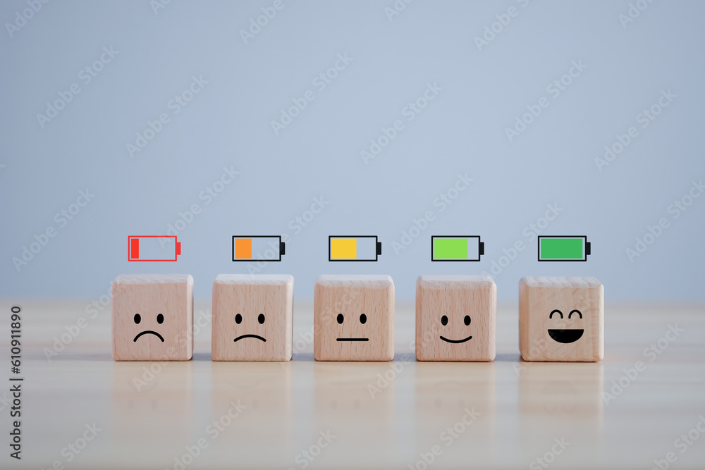 Level of low battery with sadness face to full battery with happy smile ...