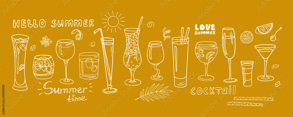 Cute set with cocktails collection, alcoholic and non-alcoholic summer ...