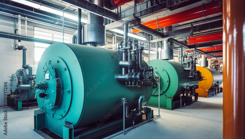 Interior of modern industrial boiler room - large metal tanks and pipes ...