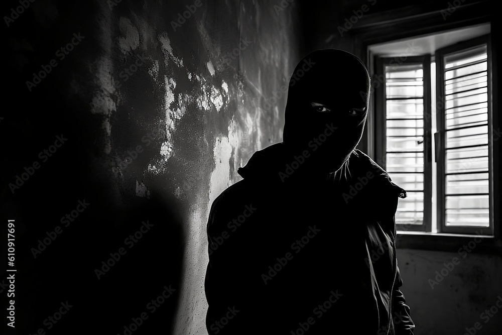 Aggressive dangerous robber man standing in a room in mask and hood ...