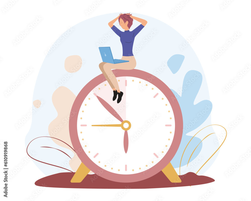 Vecteur Stock Cartoon girl clutching head looks at laptop with overdue ...