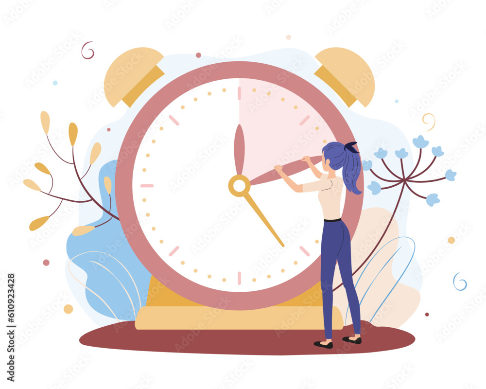 Back view of girl moves clock hand adjusting time of work. Managing ...