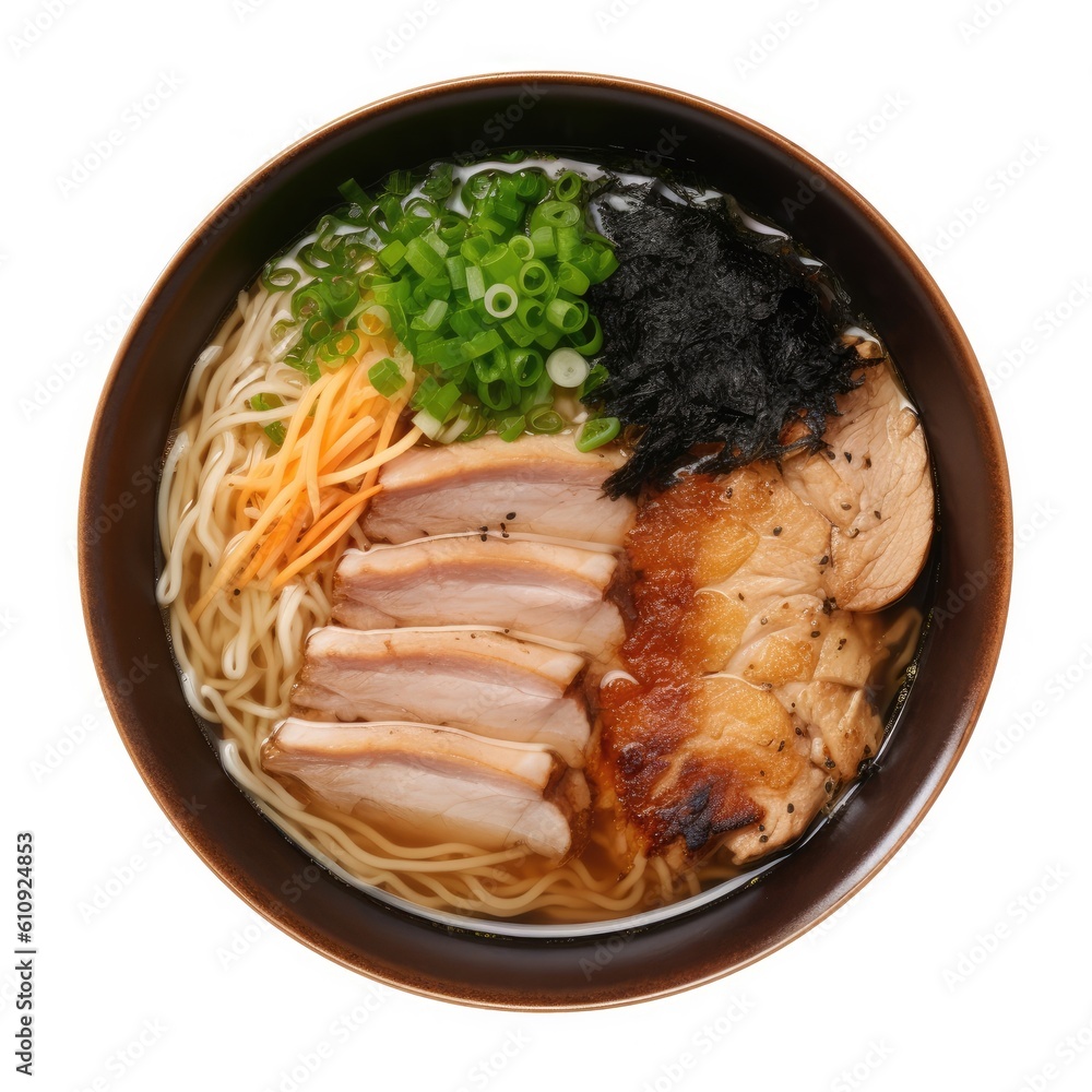 Onomichi Ramen Shoyu based with fish and pork isolated on white ...
