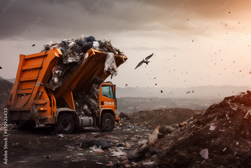 Garbage truck dump the garbage on a landfill Stock Illustration | Adobe ...