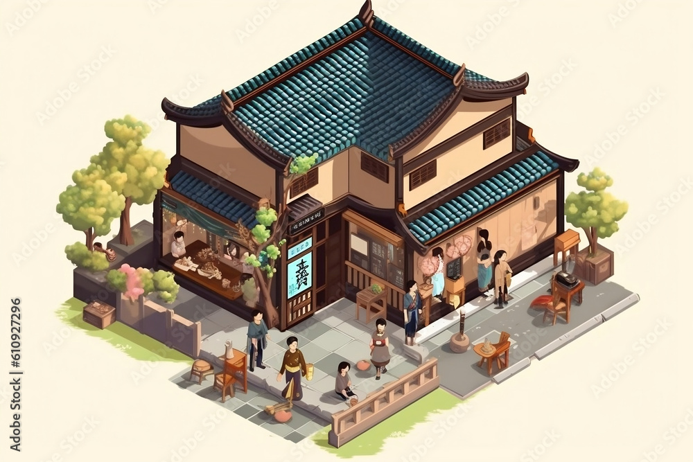 old Japanese style houses and building designs, people sitting outside ...