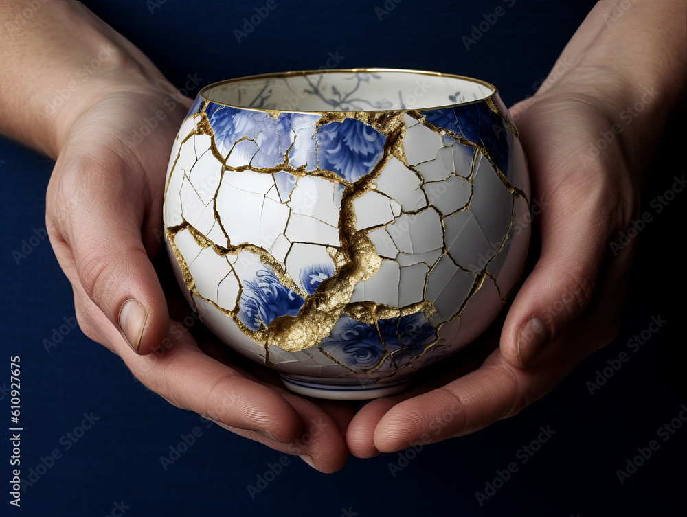 one hand holds a blue and white cracked porcelain bowl with gold repair ...