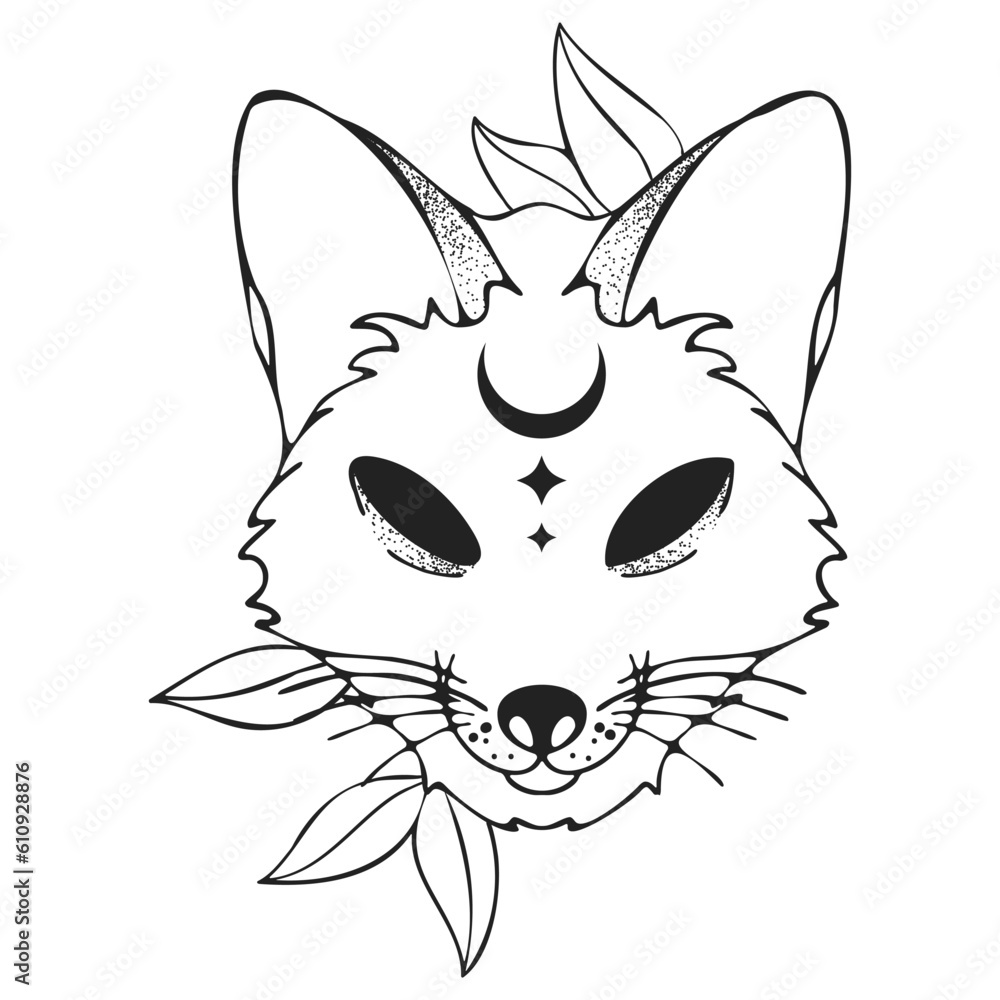 Hand-drawn illustration of a fox. Mystical animal with crescent moon ...