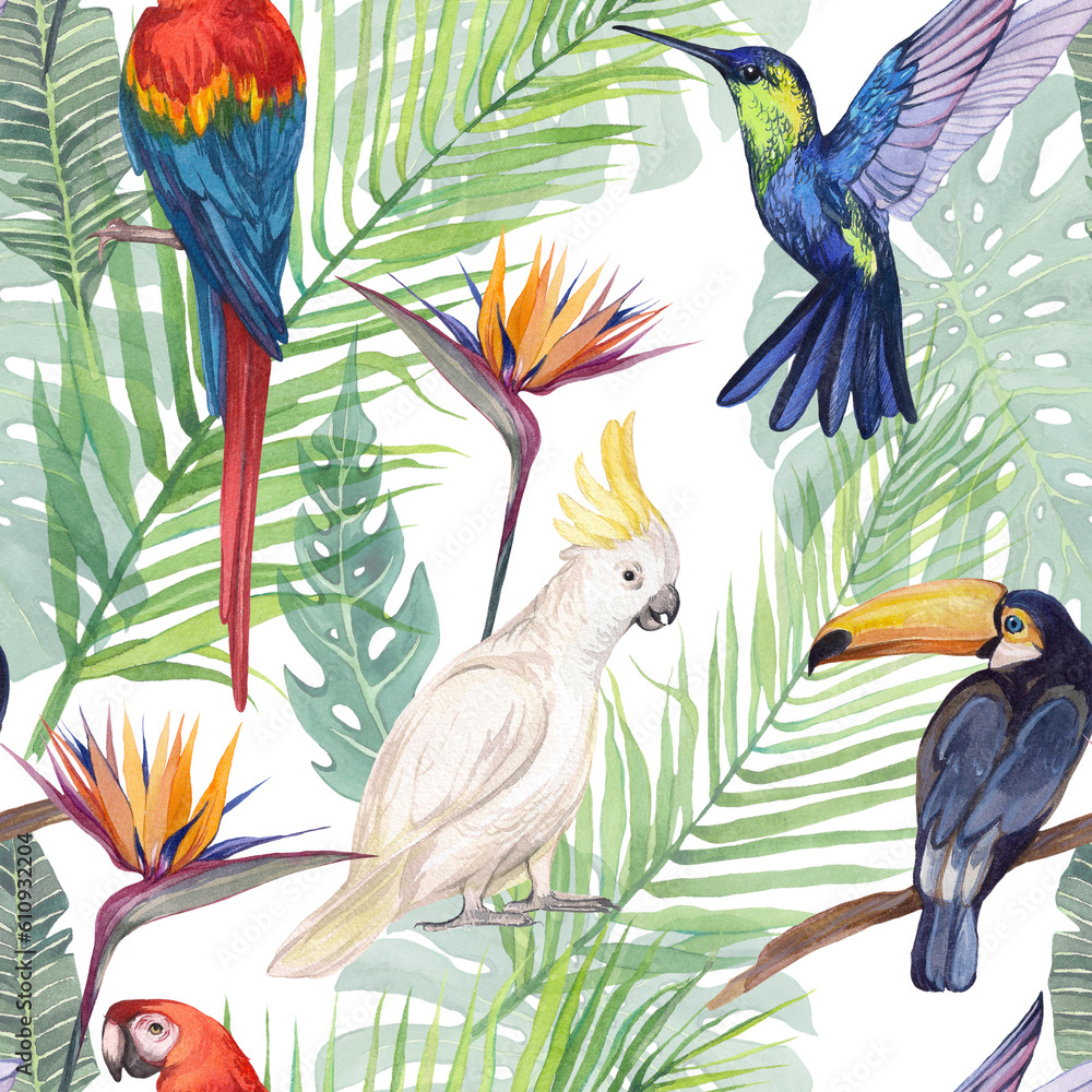 Watercolor seamless pattern with tropical birds and greenery ...