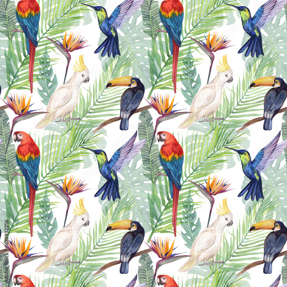 Watercolor seamless pattern with tropical birds and greenery ...