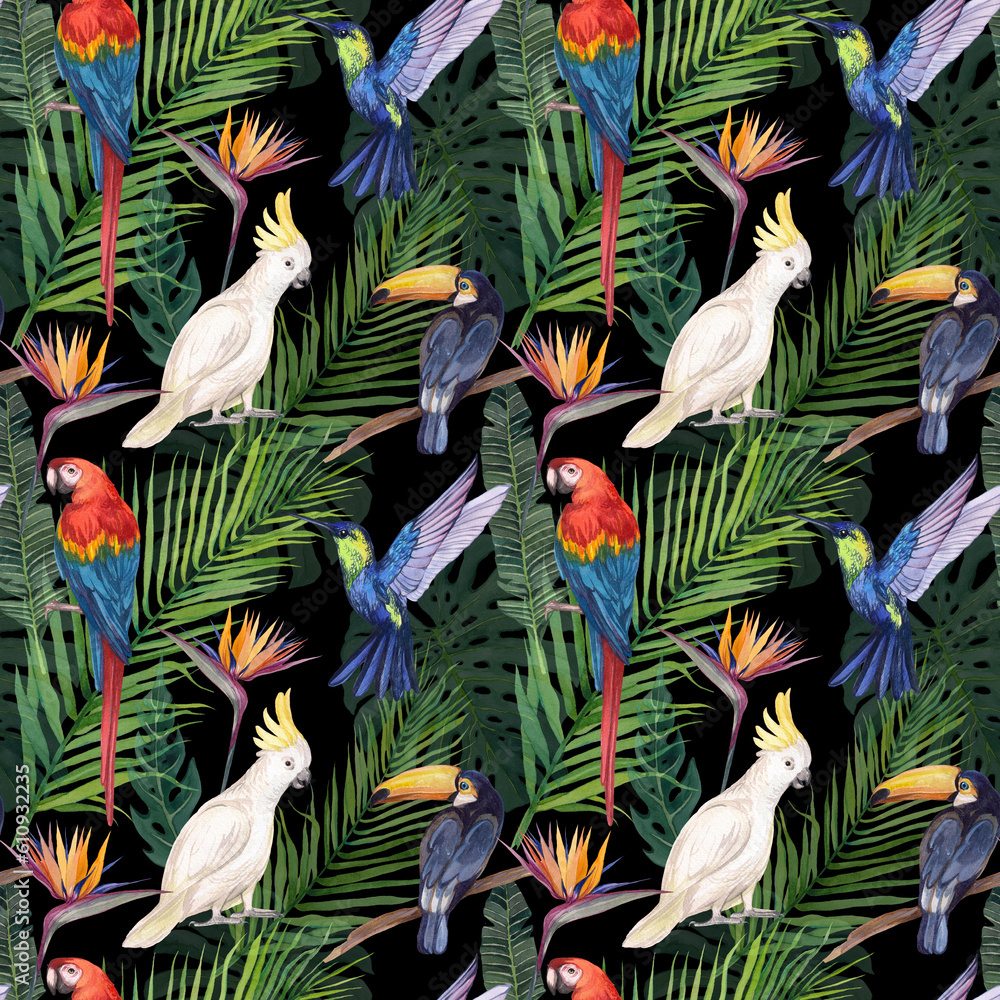 Watercolor seamless pattern with tropical birds and greenery ...