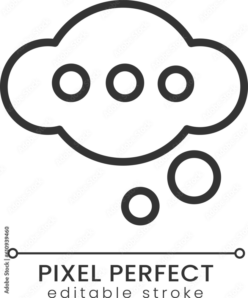 Thinking pixel perfect linear icon. Idea generation. Bubble with dots ...