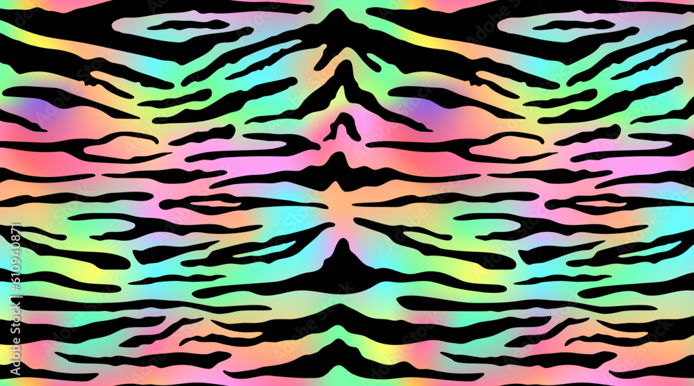 Trendy Neon Tiger pattern horizontal background. Vector rainbow wild ...