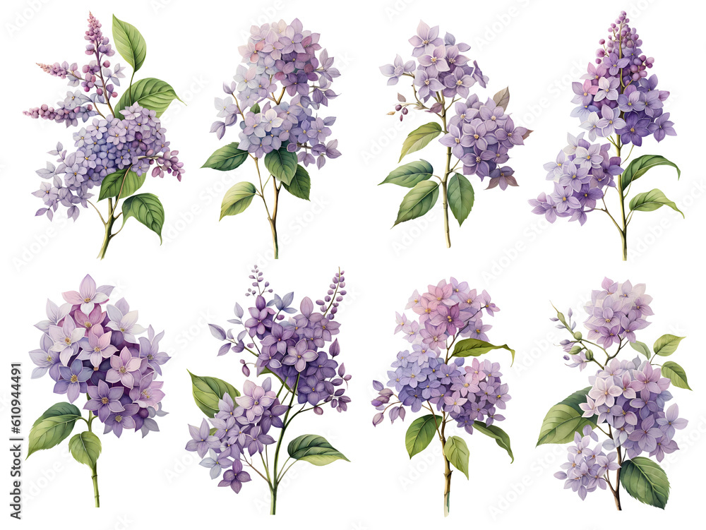 Watercolor lilac set on transparent background. Generative Ai Stock ...