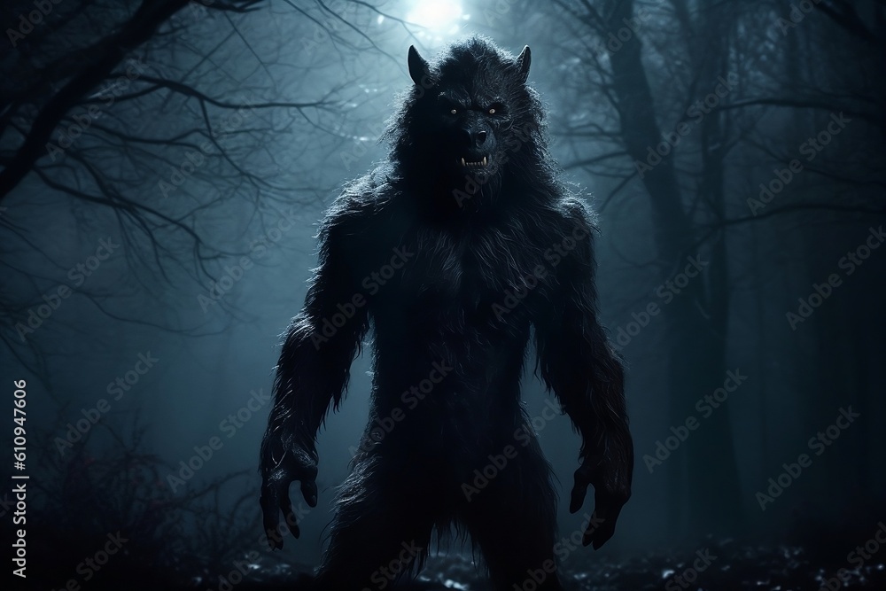 Aggressive, hairy Werewolf growling in the moonlight over a full moon ...