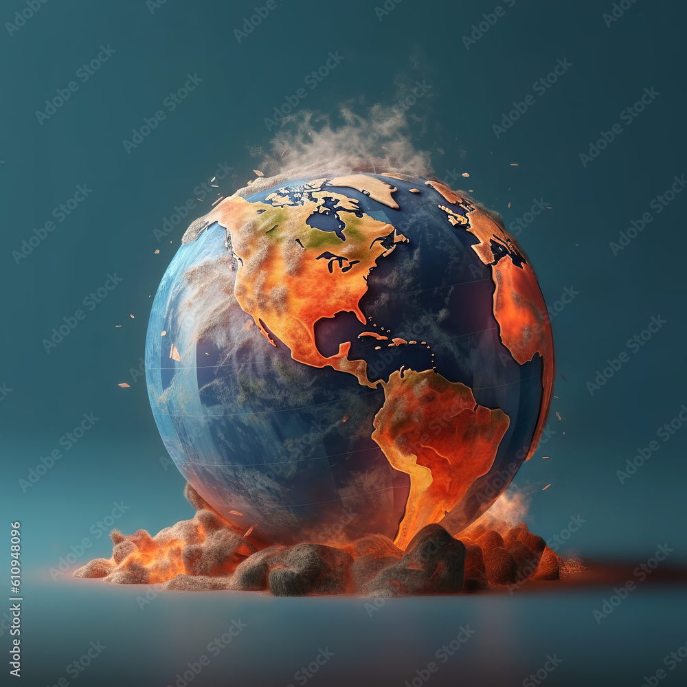 Earth globe destroyed by fire, burning on glowing embers. Conceptual illustration of global ...