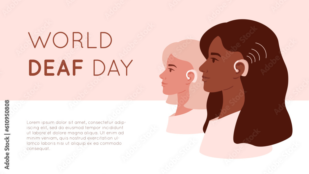 Young women profile portraits with hearing aid. World deaf day banner ...