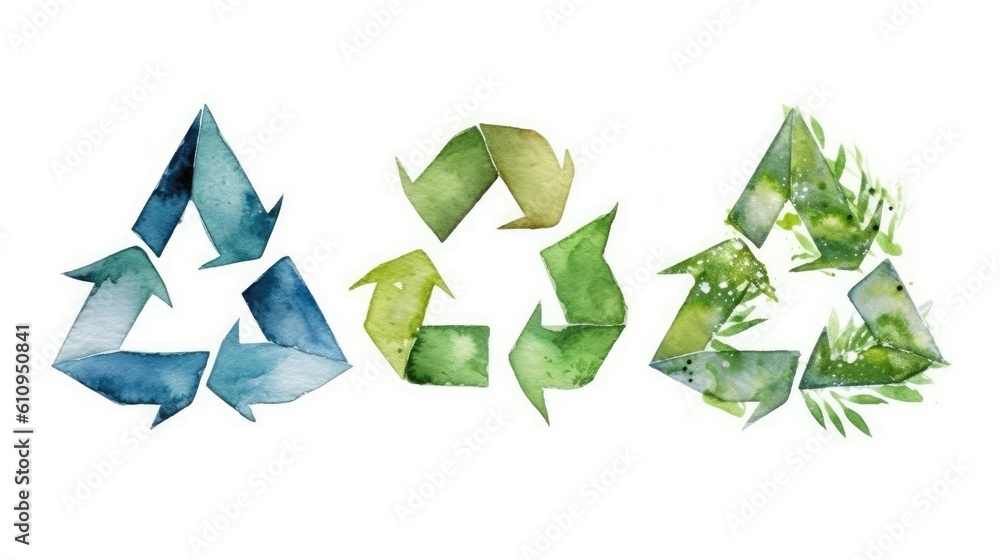 three Watercolor recycling, upcycling and downcycling signs, isolated ...