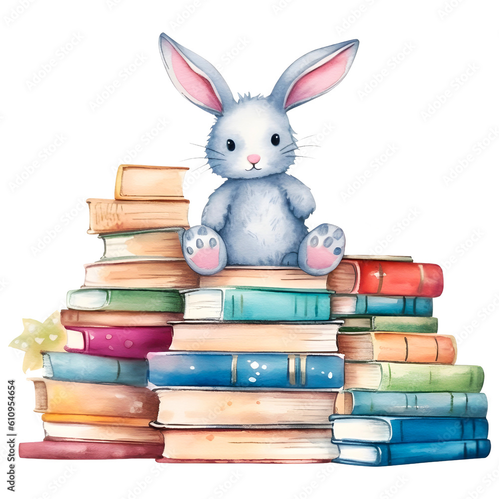 Books with bunny watercolor clipart, isolated, transparent background ...
