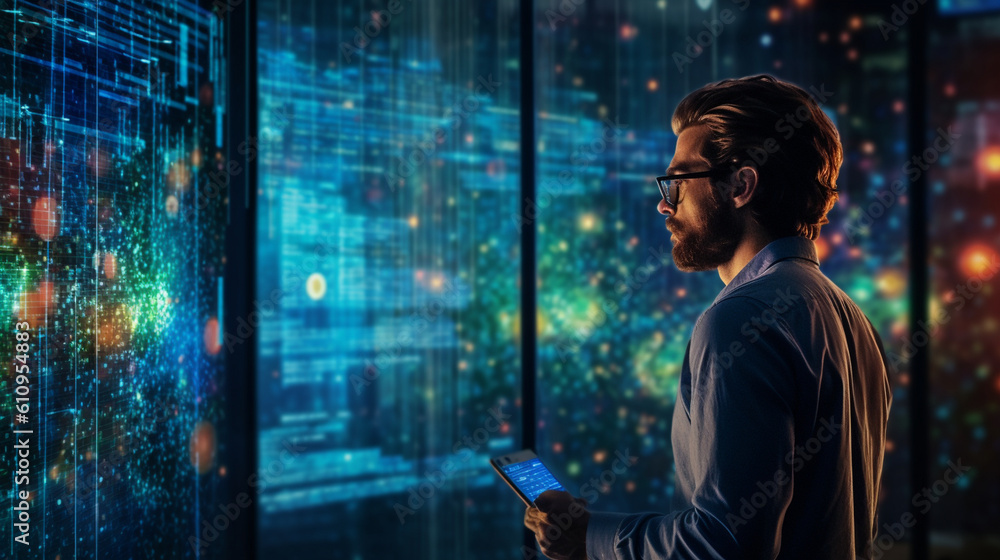 Ilustracja Stock: A data scientist analyzing big data sets, using ...