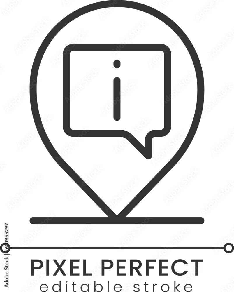 Info pin pixel perfect linear icon. Location mark on map. Finding ...
