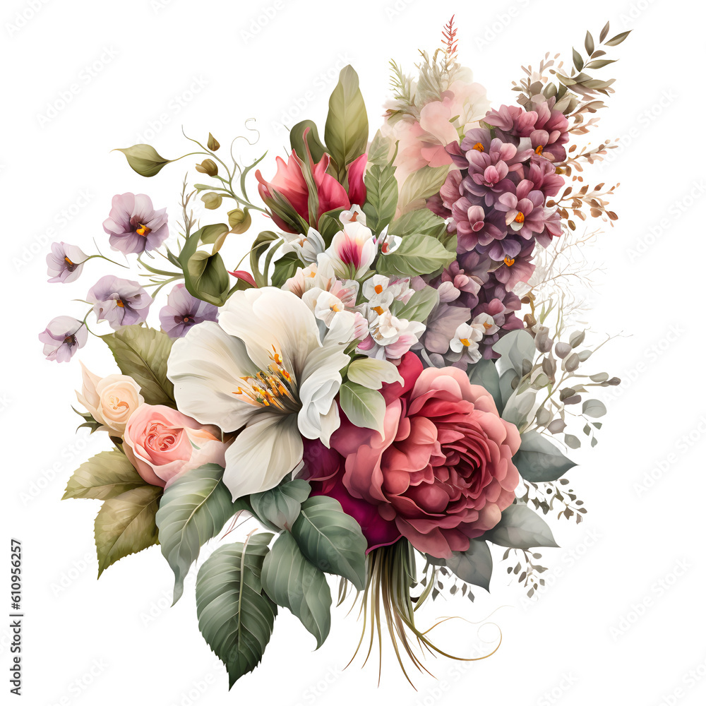 Purple and pink flower bouquet watercolor clipart, isolated ...