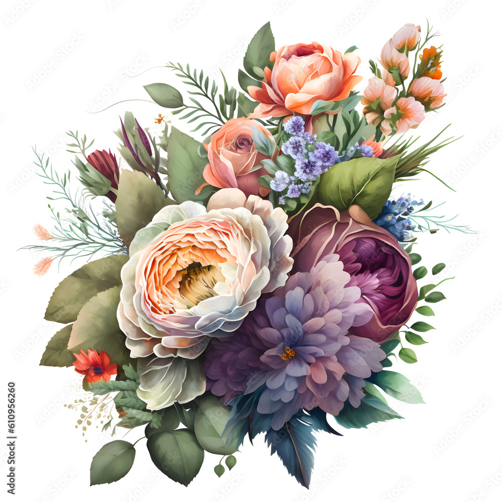 Purple and pink flower bouquet watercolor clipart, isolated ...