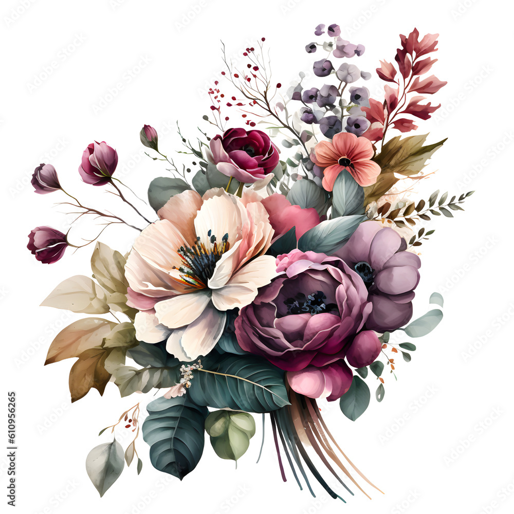Purple and pink flower bouquet watercolor clipart, isolated ...